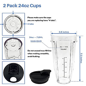 Blender 24 oz Cups with Lids & 6 Fins Female Blade Replacement Parts for Ninja, Extractor Blade for Nutri Ninja Auto iQ BL480D 30 DOB, BL450 69, BL456 70, BL480 70, BL455 30 DOB, BL482 30 DOB