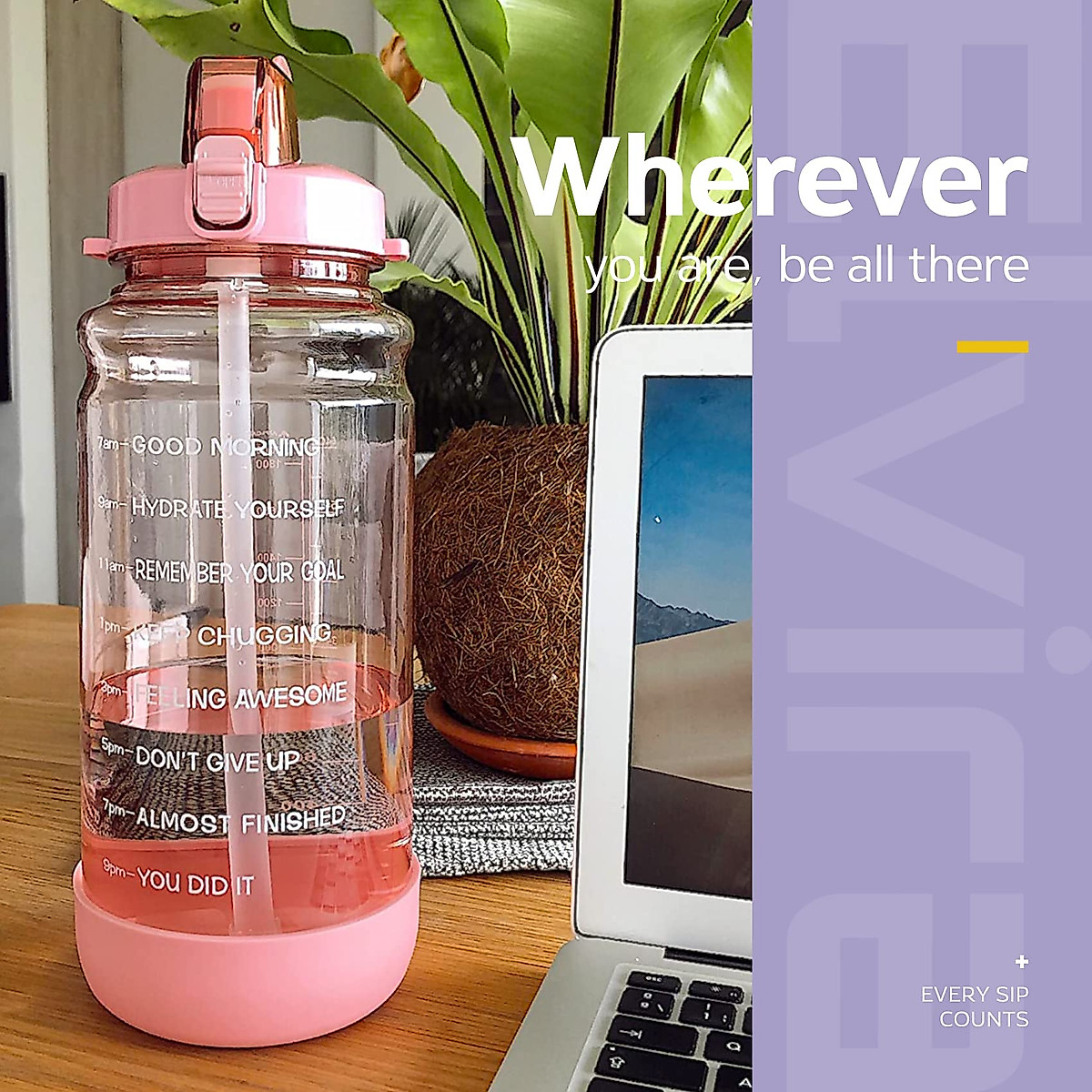 Elvira Half Gallon/64oz Motivational Time Marker Water Bottle with Straw & Protective Silicone Boot, BPA Free Anti-Slip Leakproof for Fitness, Gym and Outdoor Sports