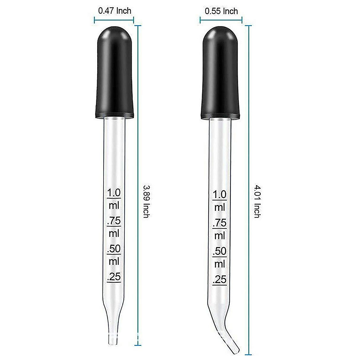 Eye Dropper for Essential Oils, Pipettes Dropper with Black Rubber Head, Calibrated Thick Glass Medicine Dropping Pipettes, 1ml Dropper Measurer, Dropper for Liquids, Straight-Tip, Bent-Tip, 5 Packs