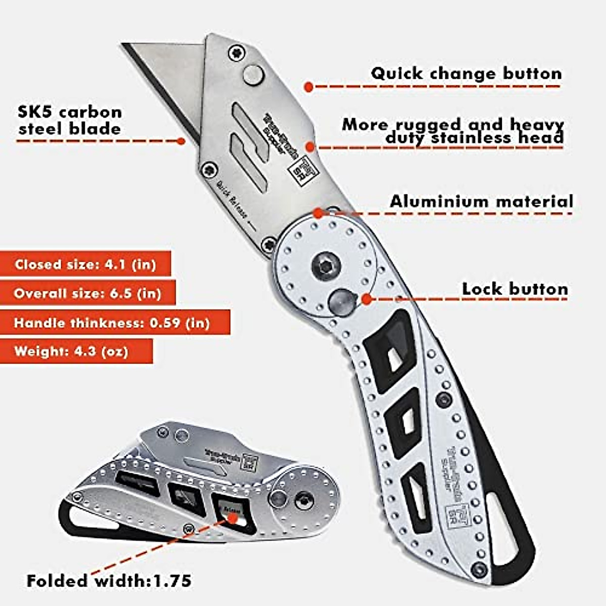 Folding Utility Knife Heavy Duty with Knife Maintenance Tool Holster Nylon Pouch Belt Clip Stainless Steel Box Cutter Knife Carry Case Utility Knife & Clip Roofing Knife One Year Manufacturer Warranty