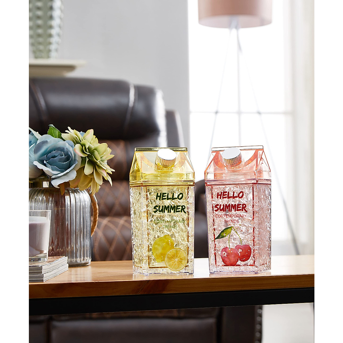 2 Pack Milk Carton Water Bottle, Kids Water Bottle with Leak Proof Lids and Straw,Double Wall Gel Insulated Freezer Drink Bottle,For Outdoor Sports Travel Home School,Water Bottle(400ml)