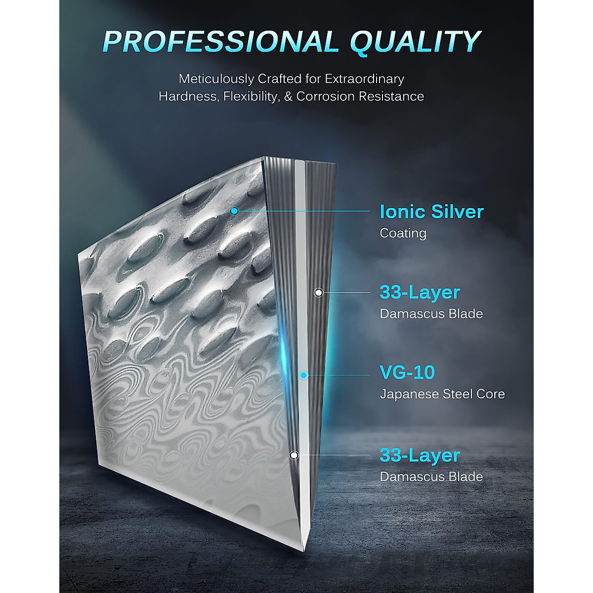 KYOKU 10" Scimitar Knife, Gin Series Cimitar Breaking Knife with Silver PVD Coating Damascus Blade, Japanese VG10 Stainless Steel Butcher Knife, Full Tang Brisket Kitchen Knife with Sheath & Case