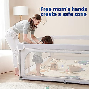 Sweeby Baby Playpen, Portable Foldable Baby PlayPens for Babies and Toddlers with Gate, 59x59 Large Baby Play Yards with Door, Indoor & Outdoor Playpen, Light Grey