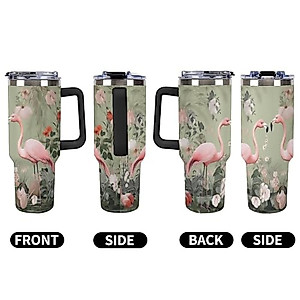 40 Oz Flamingo Insulated Stainless Steel Tumbler with Handle & Straw Lid, Reusable Travel Cupholder Friendly Mug for Coffee, Water, Tea