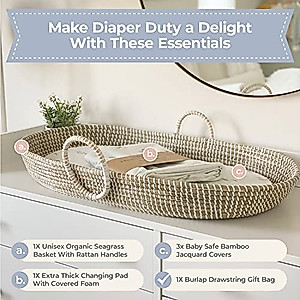 KIDDO VIBES Handwoven Baby Changing Basket with Pad & 3 Waterproof Bamboo Jacquard Covers - Multifunctional CPSC Compliant Organic Seagrass Baby Moses Basket with a Soft Thick Waterproof Changing Pad
