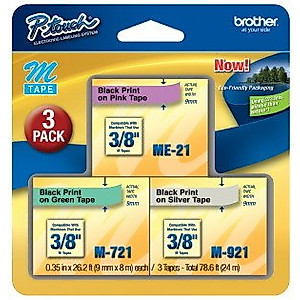 3/Pack 3/8" (9mm) P-Touch M Tape Value Pack for Brother PT-100, PT100 Label Maker