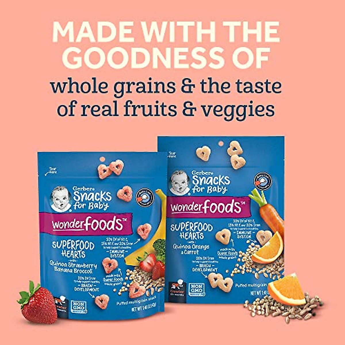 Gerber Baby Food, Crawler, Wonderfoods, Superfood Hearts, Quinoa Orange & Carrot, 1.48 Ounce (Pack of 4)