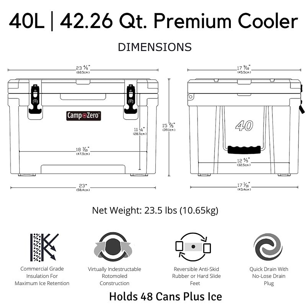 CAMP-ZERO 40L-42 Quart Hard Cooler Ice Chest, Perfect for Drinks, Beach, Picnics, Boating, Hunting, Camping and Travel with 4 Molded-in Cup Holders and Comfort Grip Handles
