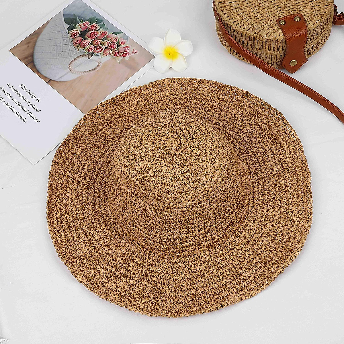 Women Straw Hat Wide Brim Beach Sun Cap Foldable Large Lady Floppy 100% Natural Paper Braided for Travel Decoration Summer Vacation Soft Lightweight and Breathable (Brown)