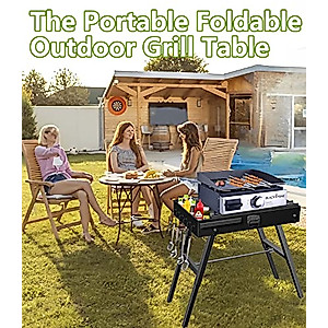 Griddle Stand Outdoor Camping Cooking Station Worktable Compatible for Griddle Many Black Universal Portable Grill Table with Adjustable Leg and Side Shelf Suit for Take Along Grill Accessories