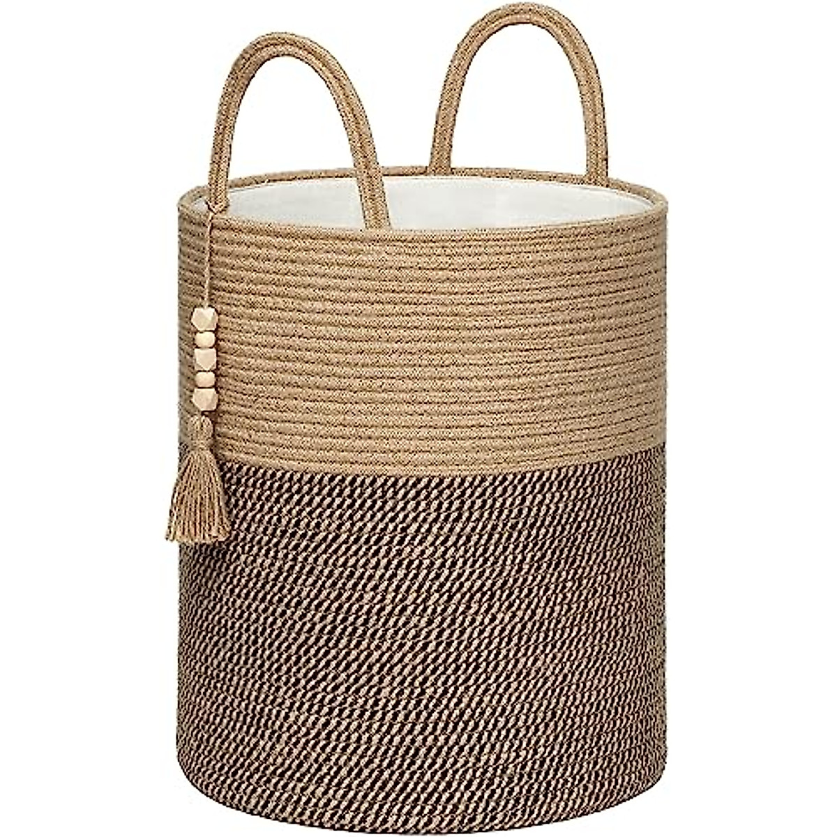 CherryNow Tall Laundry Hamper Woven Storage Basket, Shoe Basket for Entryway, Blanket Basket Living Room, Decorative Basket for Toys, Clothes, 15 x 17.7 Inches, Black & Jute
