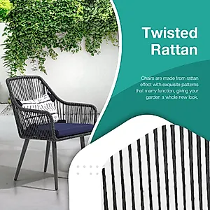 Patiorama 5-Piece Patio Dining Set, Outdoor Dining Table Chair Set, All-Weather Twisted Rattan Wicker Rope Conversation Set, Patio Furniture Set w/Umbrella Hole, 4 Cushioned Chairs&Glass Table(Blue)
