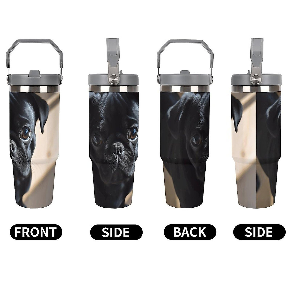 30 Oz Tumbler with Foldable Handle And Flip Straw,Black Pug Dog Puppy Vacuum Insulated Travel Coffee Tumblers,Stainless Steel Leak-Proof Water Bottle,Fits in Cup Holder,Keep Cold 24H & Hot 12H