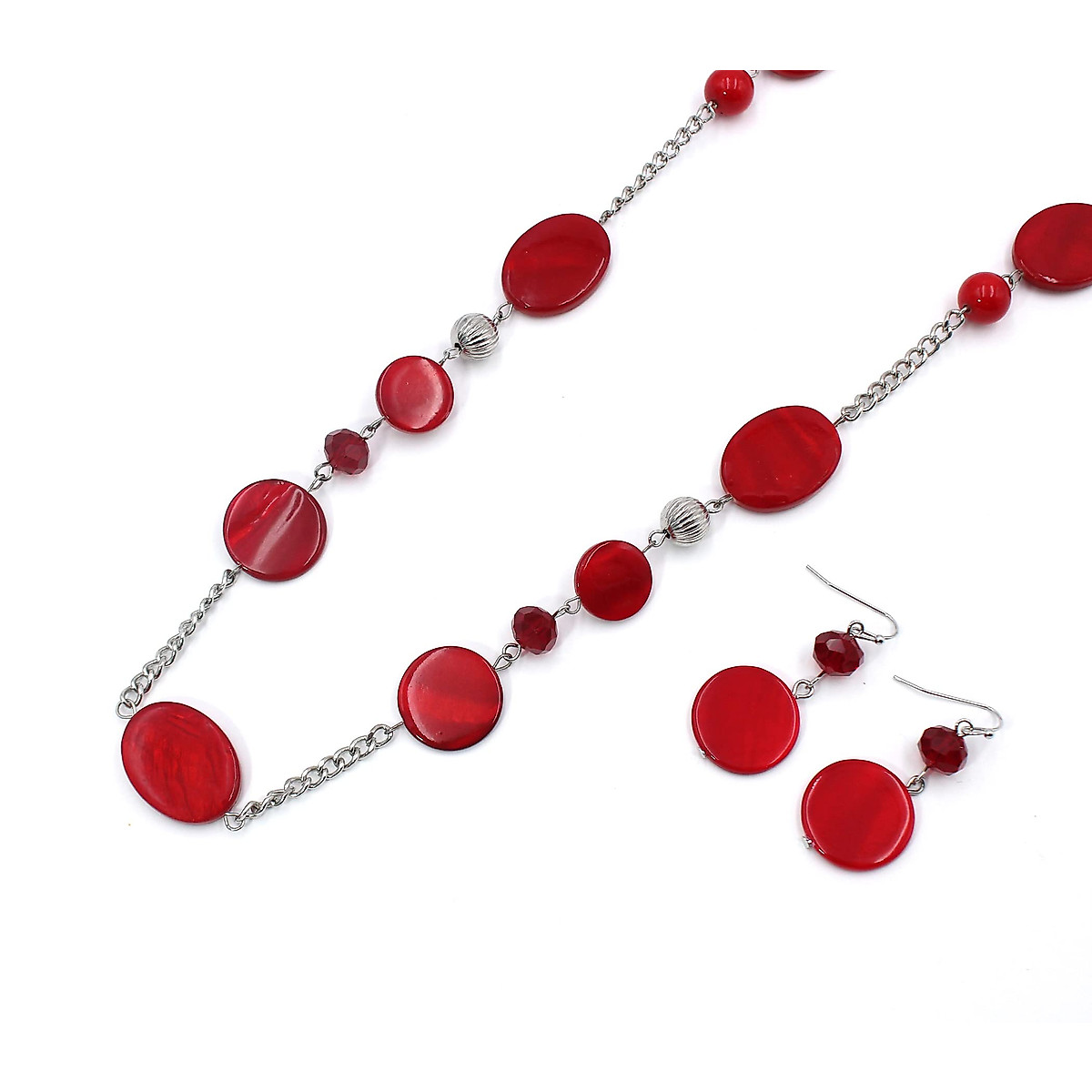 Jules D. Long Link Chain Multi Colorful Red Green Blue Necklace Earring Set Crystal Shell Stone Beads Statement Necklace for Women Gift (Red)