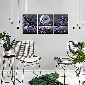 LoveHouse 3 Piece Purple Flower Tree Wall Art for Bedroom Cherry Blossom Tree in Full Moon Night Landscape Canvas Prints Artwork for Home Wall Decoration Ready to Hang 12x16inchx3pcs (Cherry Blossom)