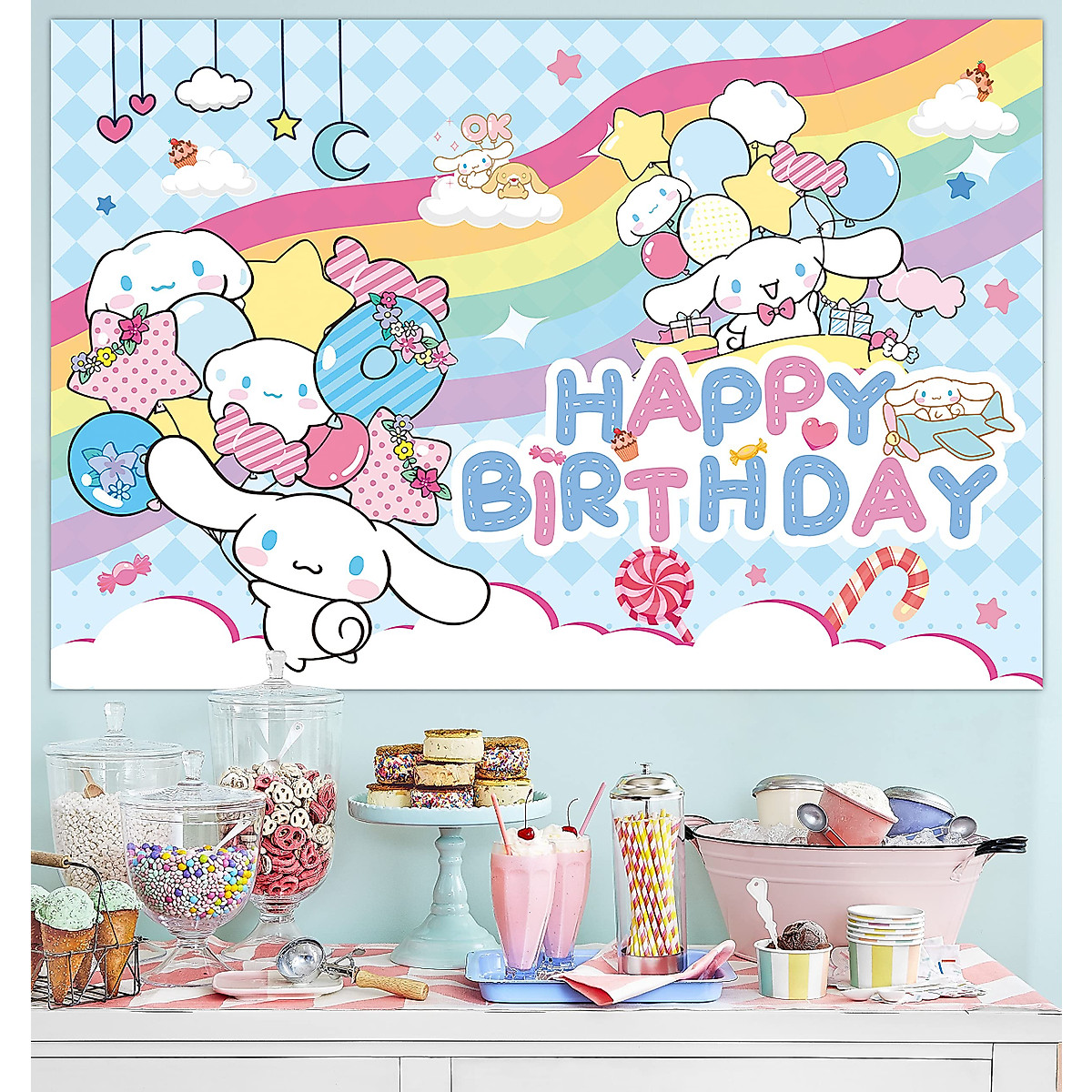 Cute Cartoon Party Supplies, 5 * 3FT Kids Cartoon Backdrop for Birthday, Happy Birthday Backdrop for Party Decorations, Party Favor Banner Decor Photo Background for Girls Boys Birthday Baby Shower