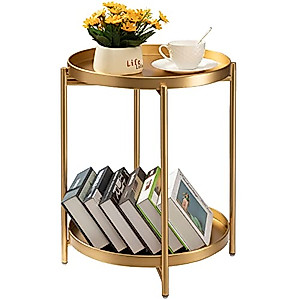 TeoKJ 2 Tier Gold Side Table, Folding Round Metal End Table Small Nightstand Accent Table with Two Removable Tray for Bedroom Living Room Small Spaces Bedside Gold