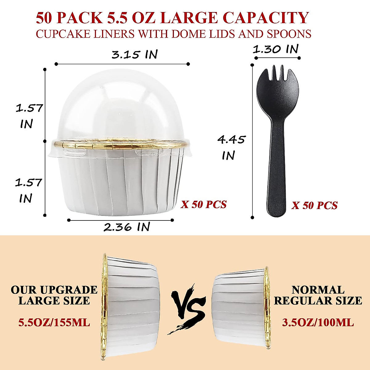 50 Pack Jumbo Cupcake Cups With Lids,LNYZQUS 5.5 Oz Foil Cupcake Muffin Liners,Disposable Ramekins Pans Muffin Tins,Large Baking Cups Cupcake Wrappers Holders -White in gold