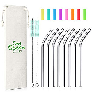 Teivio 8 Pack Short Stainless Steel Straws 6 inch Bent Metal Reusable Straws with Silicone Tips and Case, Cleaning Brush and Carry Bag for Cocktail Glasses, Small Cups