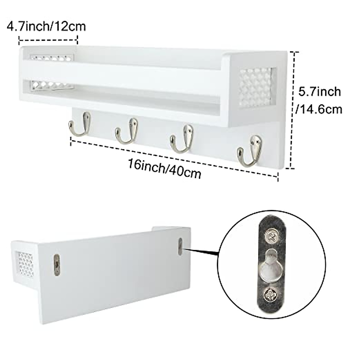 Satauko Coat Hooks Wall Mounted with Shelf, Entryway Hanging Shelf with 4 Metal Hooks, Wooden Floating Shelves for Kitchen Spice Rack Storage, White Wall Shelves Organizer for Bathroom, Bedroom.