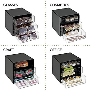 mDesign Stackable Plastic Eye Glass Storage Organizer Box Holder for Sunglasses, Reading Glasses, Lens Cleaning Cloths, and Accessories - 3 Divided Drawers, Chrome Pulls - Black/Clear