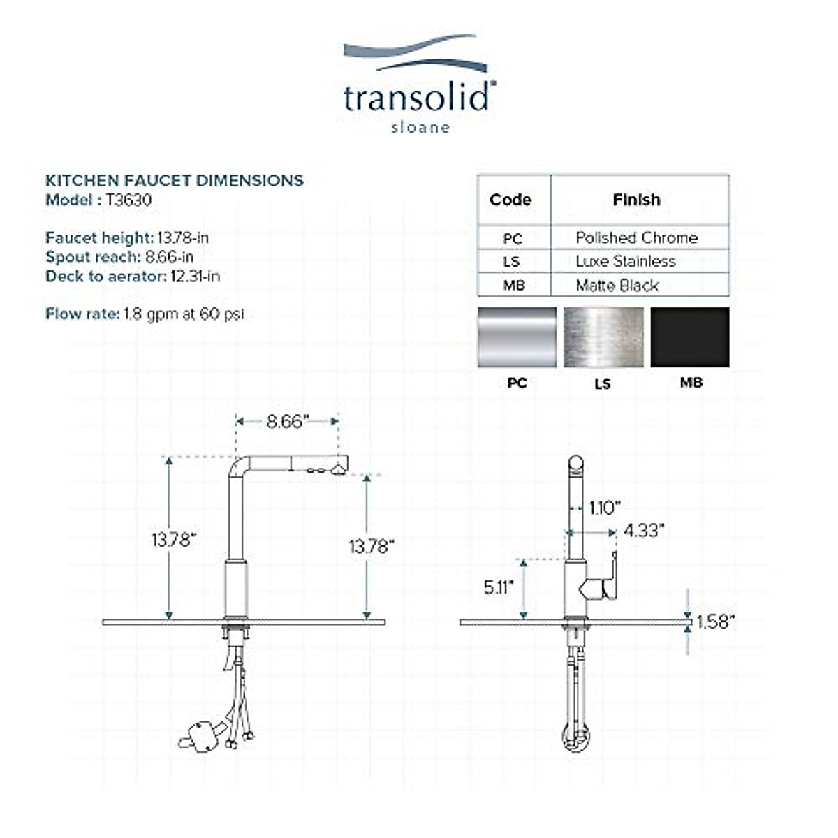 Transolid T3630-PC Sloane Pull-Down Kitchen Faucet, Polished Chrome