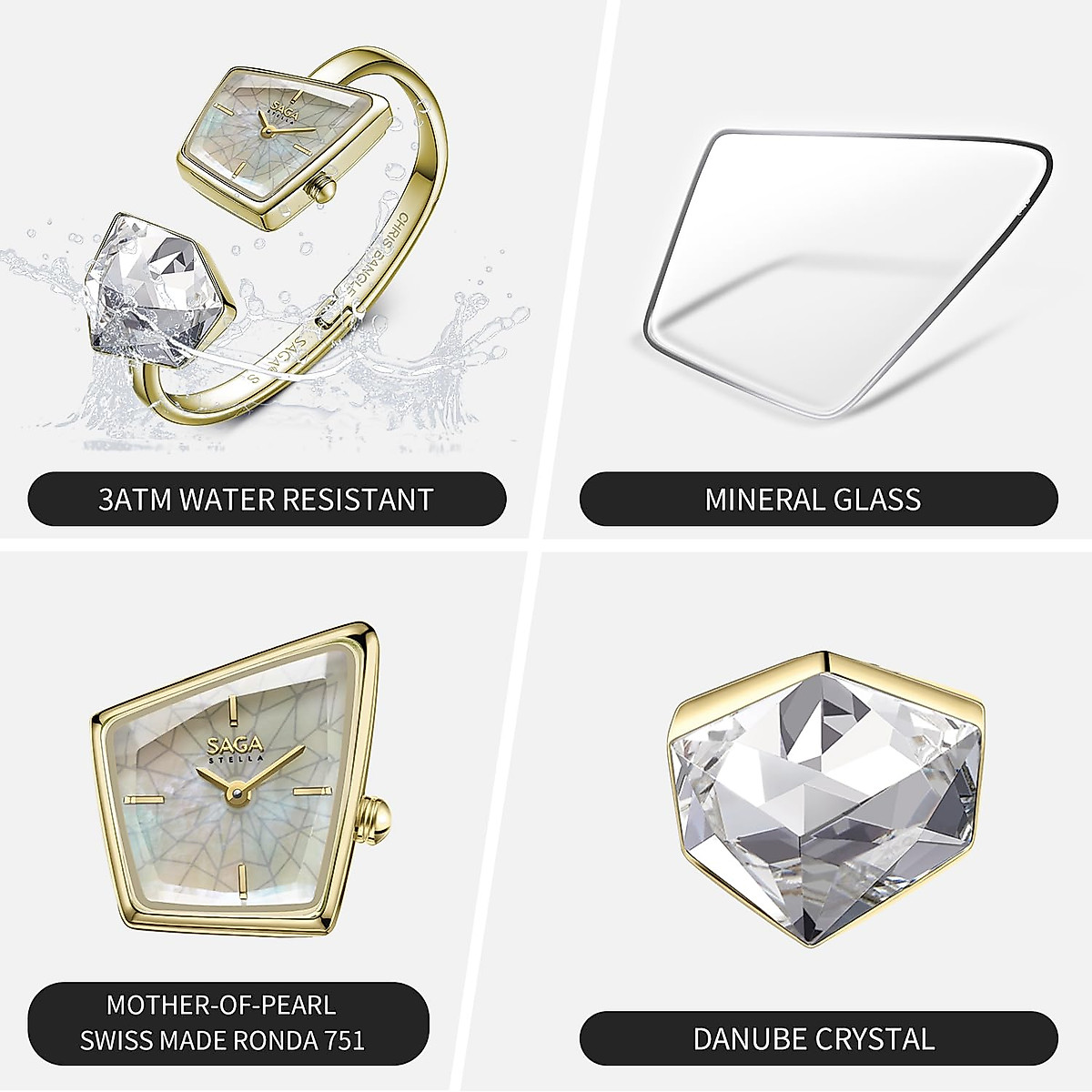 SAGA Illusion Women's Luxury Cuff Bangle Watch, Shaped Mineral Case, 316L Stainless Steel Bracelet with Danube Crystals, Swiss Ronda Quartz Movement, 30M Water Resistant