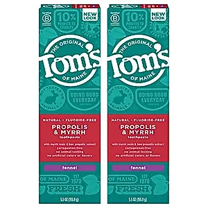 Tom's of Maine Fluoride-Free Propolis & Myrrh Natural Toothpaste, Fennel, 5.5 oz (Pack of 2) (Packaging May Vary)