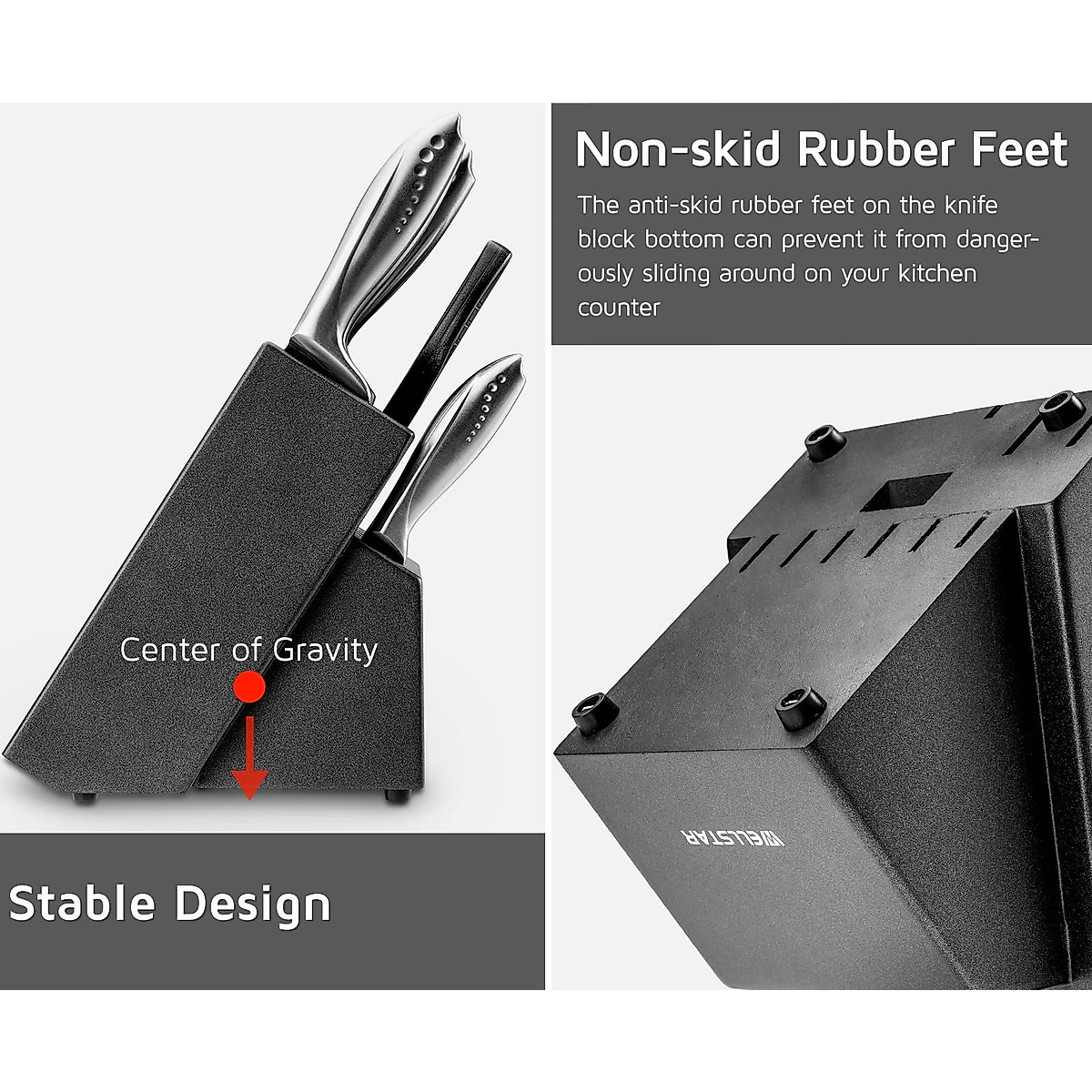 12 Slot Kitchen Knives Block, WELLSTAR Natural Wood Knife Holder without Knives – Hard Wood Countertop Knife Storage with Built-in Knife Sharpener - Black