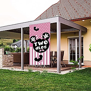 Twodles Cartoon Pink Black Mouse Dots Happy 2nd Birthday Banner Backdrop Background Backdrop Oh Twodles Theme Decor for Boy Girl Princess Birthday Party Baby Shower Supplies Favors Decorations