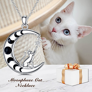 PROESS Sterling Silver Cat Necklace Moon Phase Cat Pendant Wicca Cat Jewelry Gift for Women and Cat Lovers