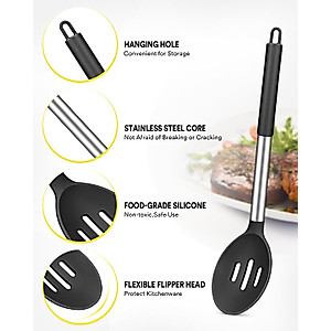 2 Pcs Silicone Cooking Spoons, Solid and Slotted Spoon Set, Non-Stick BPA Free Heat-Resistant Basting Kitchenware for Soup, Serving, Draining, Stirring（Black）