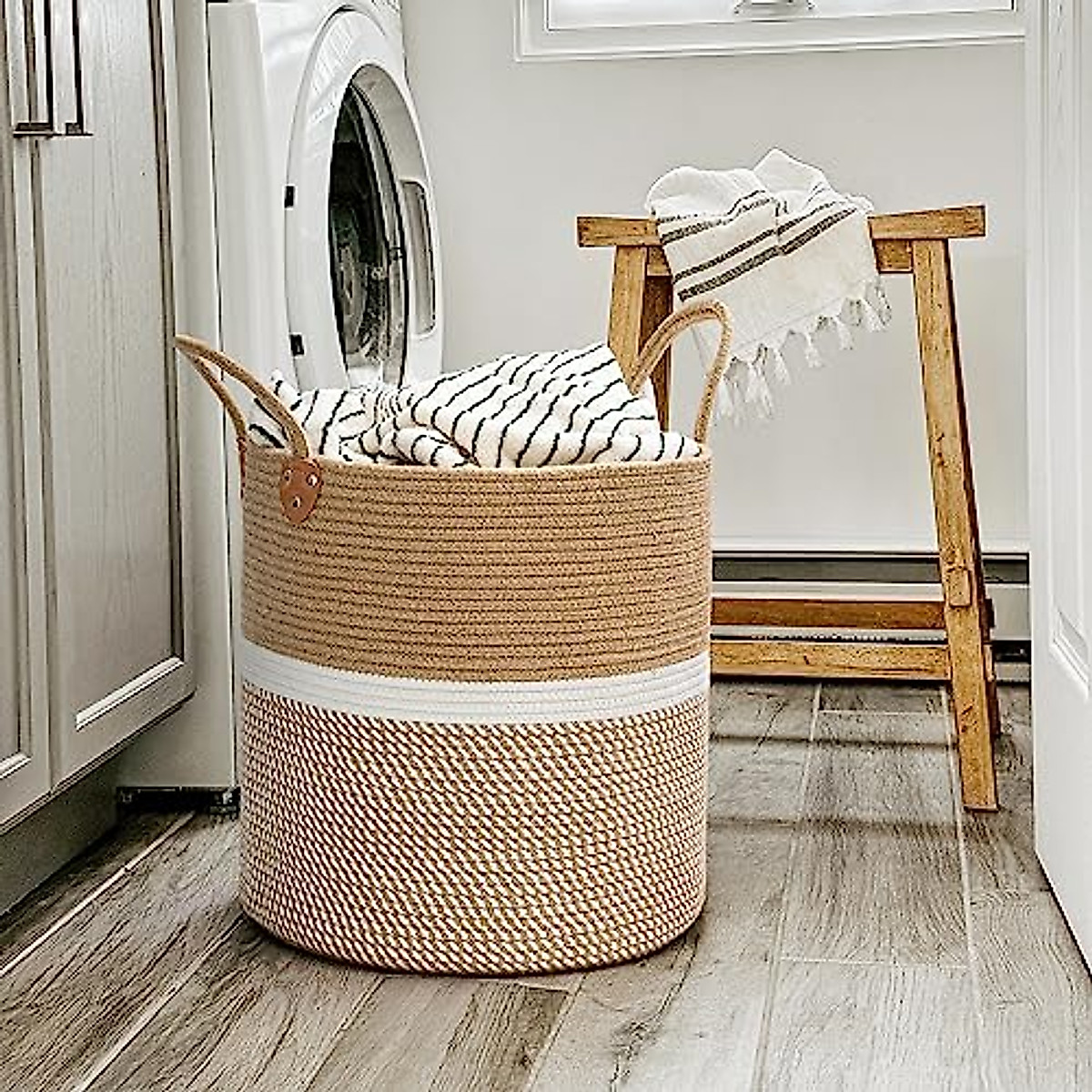 TIMEYARD Large Woven Baskets for Storage, 16'' x 16'' Blanket Storage for Living Room Toy Baskets Storage Kids, Big Laundry Basket for Dirty Clothes Pillows, White