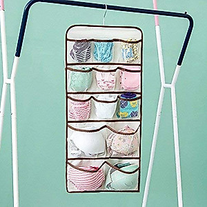 Double Sided 30 Pockets Hanging Underwear Organizer for Underwear, Stocking, Toiletries Accessories, Bra, Sock, Mesh Pockets & Rotating Metal Hanger