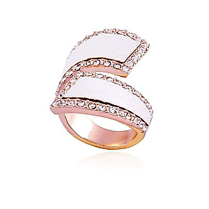 GUESS Rose-Gold-Tone Stone Framed Bypass Band with White Faux Python Inlay Ring