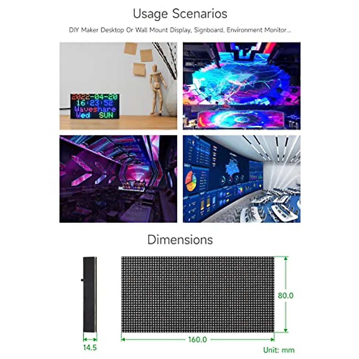 Waveshare RGB Full-Color LED Matrix Panel, 2.5mm Pitch, 64×32 Pixels, Adjustable Brightness, Compatible with Raspberry Pi 5/4B/3B/Zero/Zero W/Zero 2W/Pico/Pico W/Pico WH