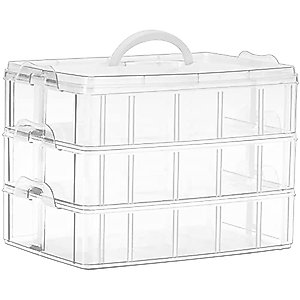 Sooyee 3-Tier Stackable Craft Organizers and Storage Box with 30 Compartments,Bead Organizer,Plastic Storage Box for Toys,Dolls, Arts and Craft, Washi Tape, Rock Collection, Ribbons,Clear