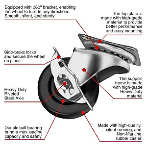 FactorDuty 12 Pack 2" Swivel Caster With Brake Wheels Hard Rubber Base w/Top Plate & Bearing (2" w/brake, 12 pcs)