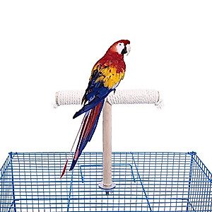 Dft Bird Toys, Natural Wood Bird Perch Stand T-Shaped Bar with Cotton Rope Cage Grinding Toy for Cockatiels Conures Budgies Love Birds