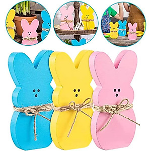 Easter Bunny Decor, 3 Pcs Easter Decorations for the Home, Decorative Wooden Easter Rabbit Peeps Wooden Signs for Tiered Tray