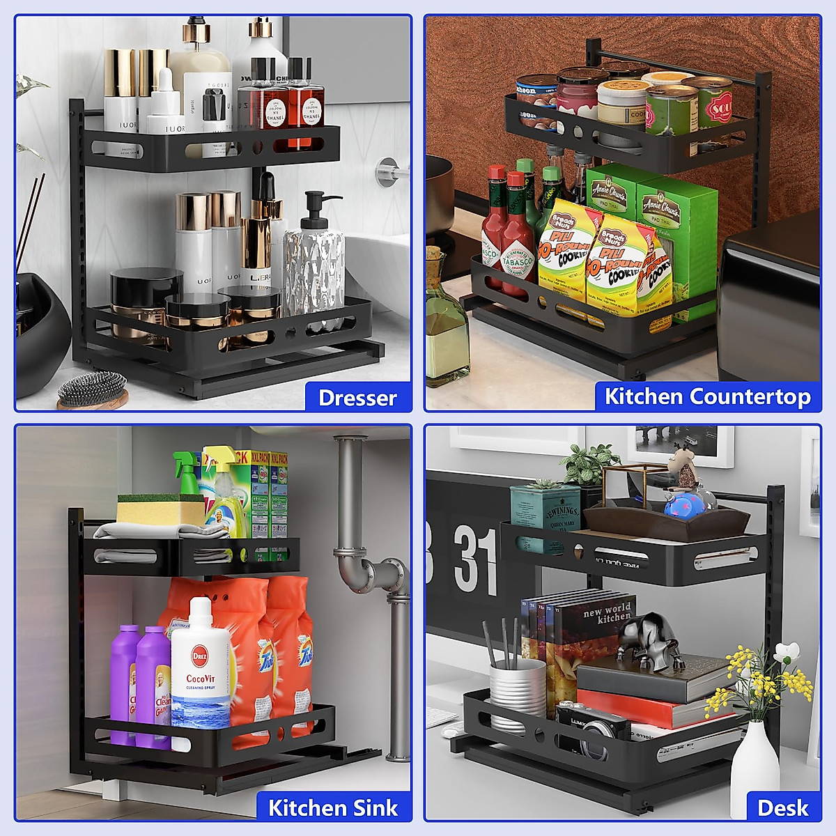 WASUMI Under Sink Organizers, Metal Sliding Cabinet Basket and Storage Organizer 2 Tier Pull Out Cabinet Organizer for Kitchen Bathroom, Large Capacity, Black