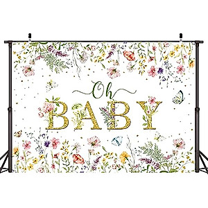 Wollmix Baby Shower Backdrop Decorations for Girl Oh Baby Banner Sign Pink Floral Flowers Butterfly Gold Dots Photography Background Newborn Party Decor Photo Booth Props Supplies Studio 7x5ft