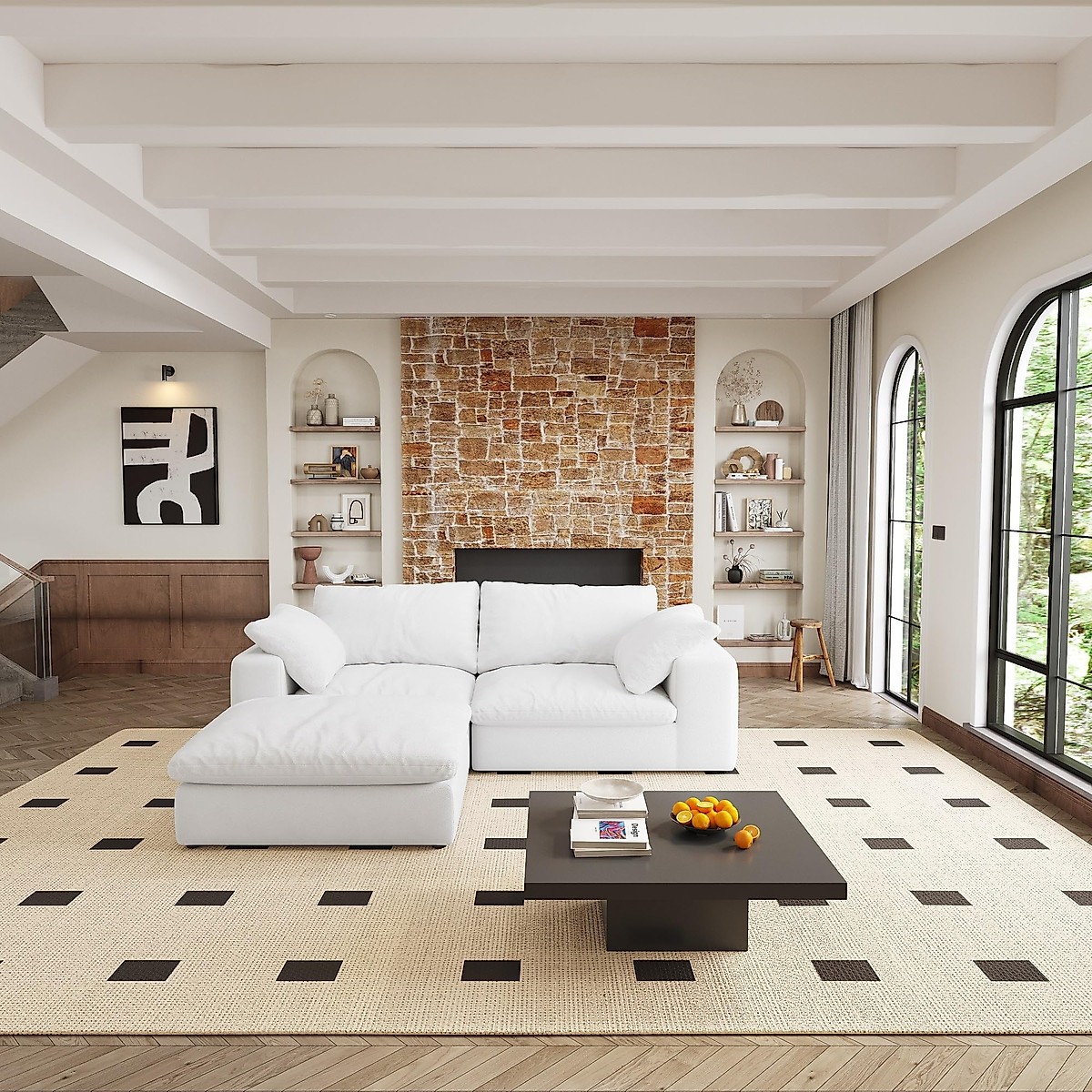 80'' Chenille Modular Sectional Sofa Comfy Deep Seat Down Feather Filled Cloud Couch with Removable Cushion and Pillows for Living Room (White, 2 Seaters+1 Ottoman)