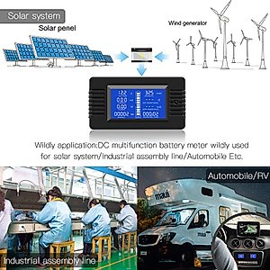 DC Multifunction Battery Monitor Meter,0-200V,0-10A (Widely Applied to 12V/24V/48V RV/Car Battery) LCD Display Digital Current Voltage Solar Power Meter Multimeter Ammeter Voltmeter
