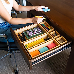 Grow Forward Bamboo Drawer Organizer Boxes - Set of 14 Wooden Drawer Organizers for Kitchen, Bathroom, Office, Desk, Vanity, Makeup - Non-Slip Junk Drawer Organizer Trays for Storage and Organization