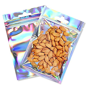 Resealable Smell Proof Bags Foil Pouch Mylar Ziplock Food Storage Bags with Clear Window Packaging Pouch for Food Storage Gift Package Supplies (100-pack,Holographic Color, 4.7 x 7.9 Inches)