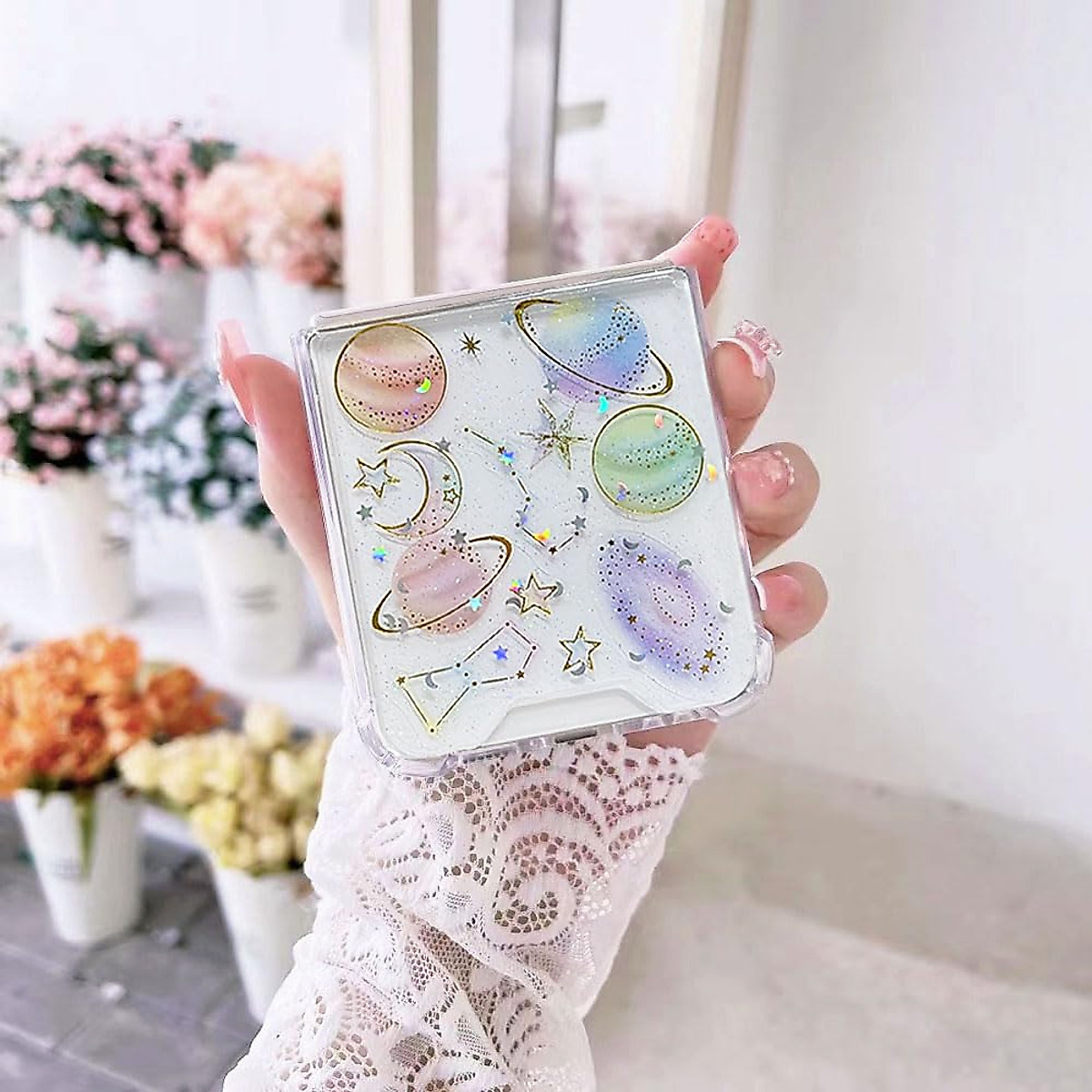 Abbery for Samsung Z Flip 5 5G Case Space Theme Clear with Design Bling Glitter Sparkly Stars and Moon Planet Durable Shockproof Transparent Universe Phone Protective Cover Women Girls Z5 Flip