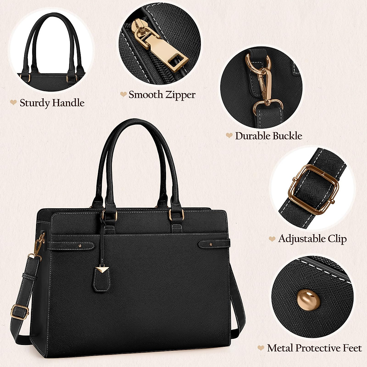 IGOLUMON Laptop Bag for Women 15.6 Inch Leather Tote Bag Professional Work Bag Waterproof Computer Briefcase Large Capacity Handbag Shoulder, Black