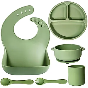 6pcs Baby Weaning Supplies, Silicone Baby Feeding Set, Suction Cup Divider with Suction Cup Adjustable Bib Soft Spoon Fork, Baby Self-Feeder Toddler Dinnerware Cutlery 6pack (Green)