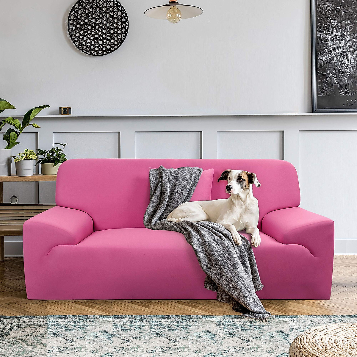 uxcell Stretch Sofa Cover Couch Covers Solid Classic for Sofas Loveseat Armchair Universal Elastic Polyester Furniture with One Pillowcase X-Large Fuchsia